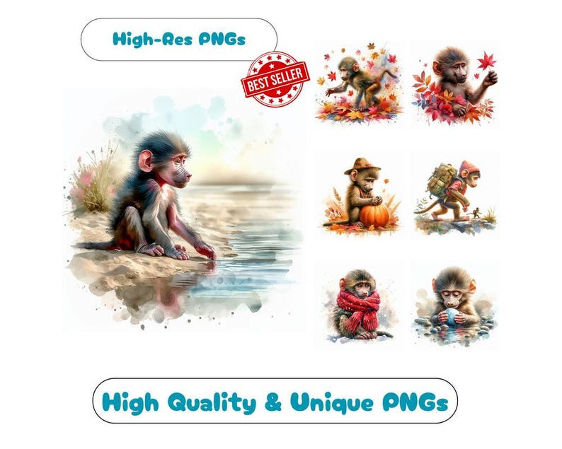 Watercolor Baby Baboon Clipart: Nursery Art PNG Images (commercial Use ...