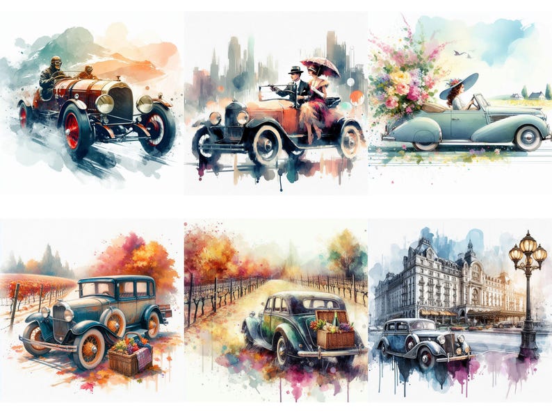 Vintage Car Clipart Set: Retro Watercolor PNG Graphics (digital ...