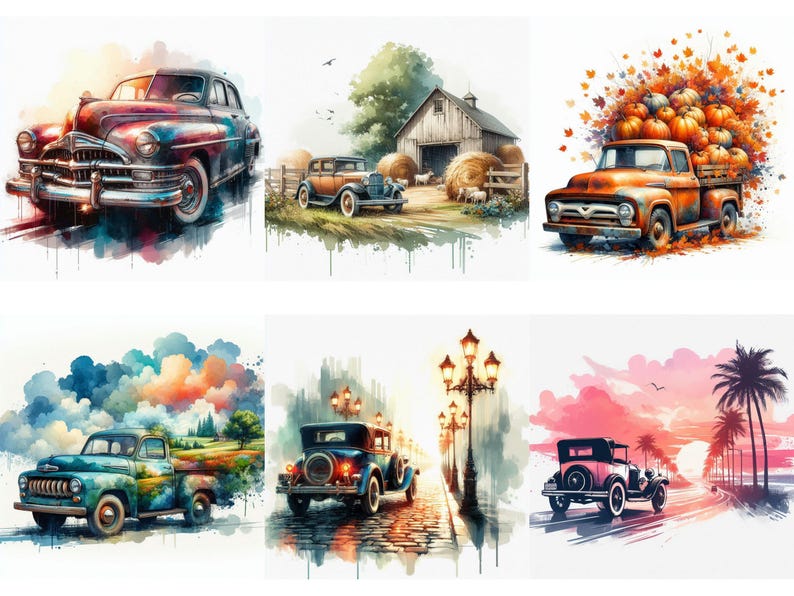 Vintage Car Clipart Set: Retro Watercolor PNG Graphics (digital ...