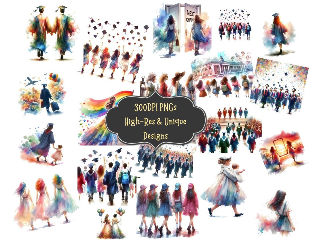 Watercolor Graduation Clipart PNG Bundle: Girls Walking Away (digital ...