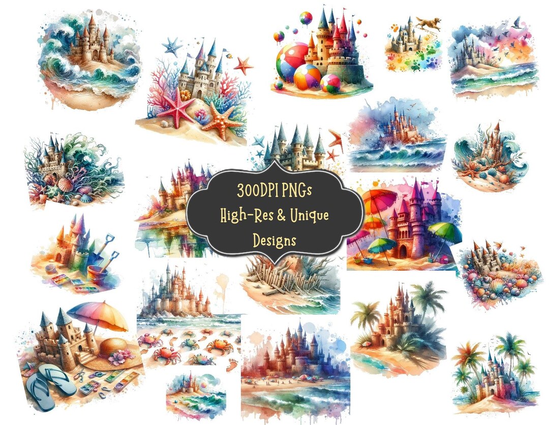 Watercolor Sandcastle Clipart Bundle: Beach Castle Pngs (digital ...