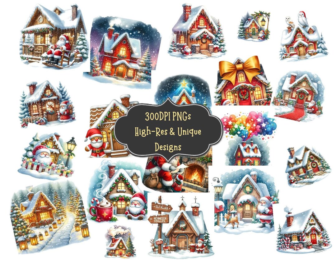 Watercolor Santa House Clipart Bundle: Christmas PNG Graphics (digital ...