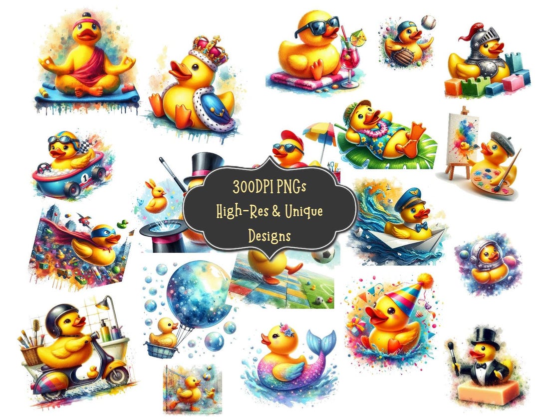 Watercolor Rubber Duck Clipart Bundle: Whimsical PNG Graphics (digital ...