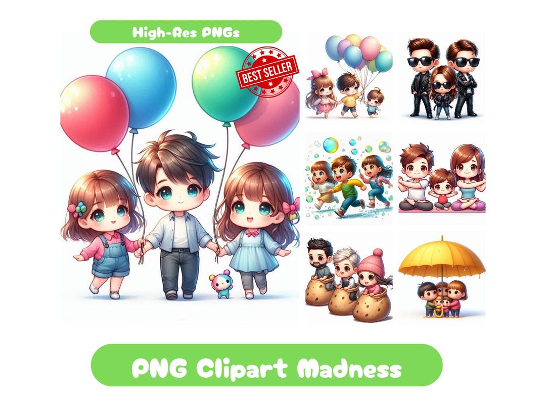31 Chibi Family Clipart PNG Set, Watercolor Chibi Family Bundle Chibi ...