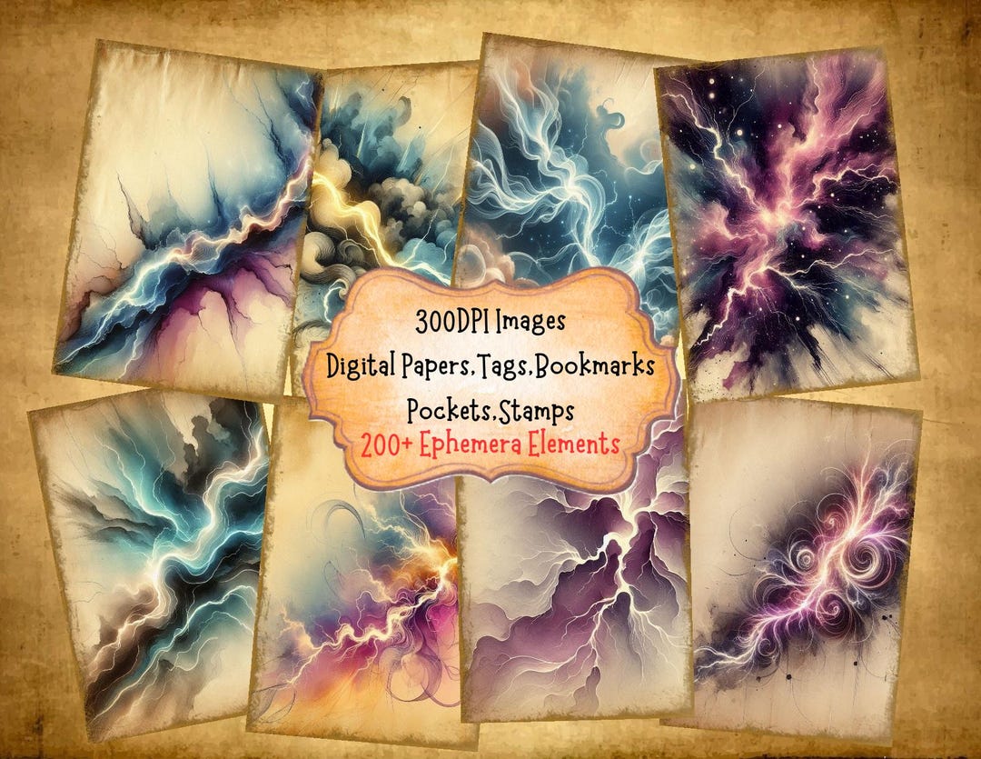 Electric Lightning Bolts Junk Journal Kit: Vintage Ephemera, Digital ...