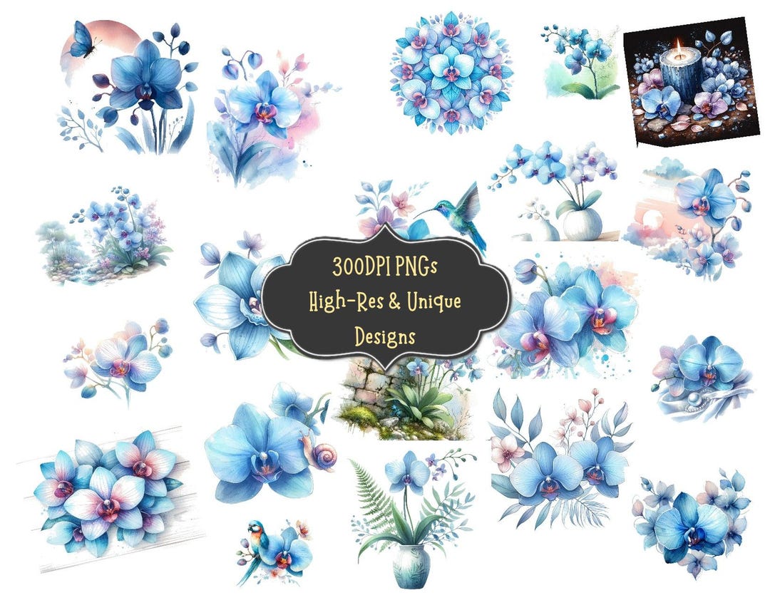 51 Stunning Blue Orchid Watercolor Clipart PNG Bundle: PNG Creative ...