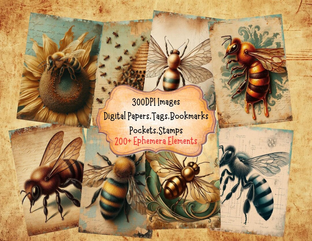 Vintage Honey Bees Junk Journal Kit Digital Papers Beehive Labels Cards ...