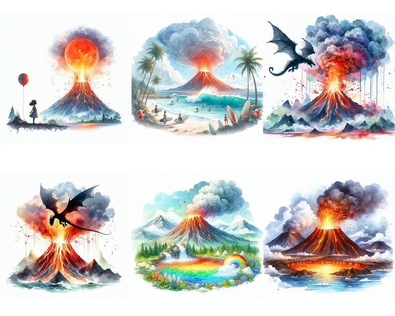 20 Erupting Volcano Watercolor Clipart PNG Images, Exploding Volcano ...