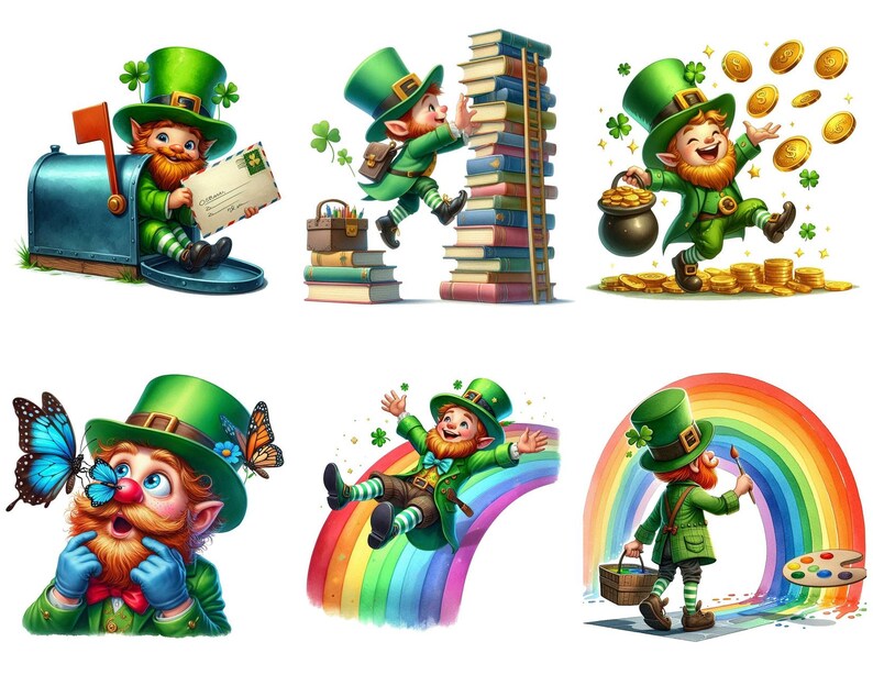 60 Cute Leprechaun Watercolor Clipart PNG Bundle: Printable PNG Clipart ...