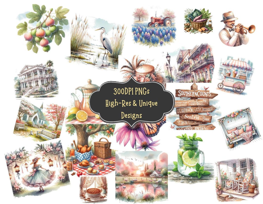 Southern Charm Watercolor Clipart Bundle: PNG Graphics (digital ...