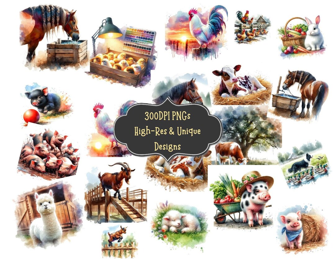 Watercolor Farm Animals Clipart Bundle: Scrapbooking, Stickers (PNG ...