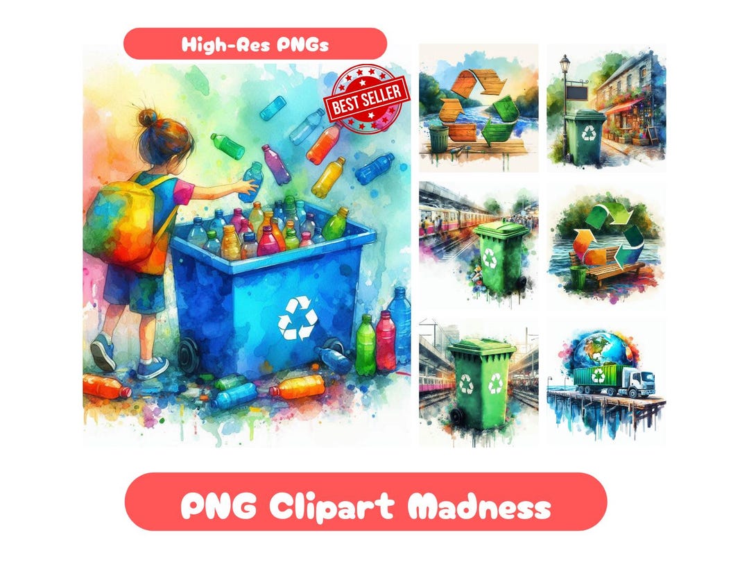 15 Cute Recycling Clipart PNG Set: Clipart Bundle Printable Recycling ...