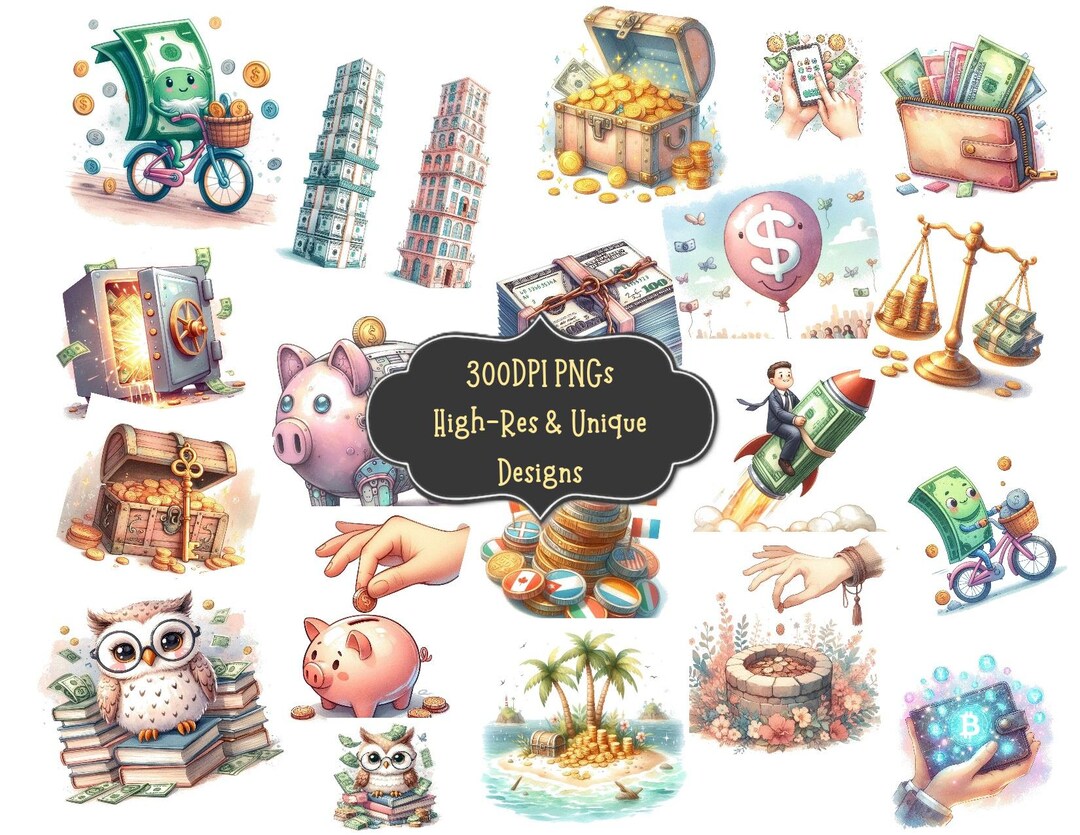 66 Money Watercolor Clipart PNG Bundle: PNG Digital Art for Printing ...