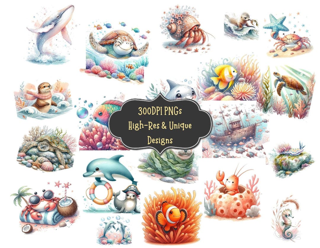 62 Cute Sealife Watercolor Clipart PNG Bundle: PNG Craft Clipart ...