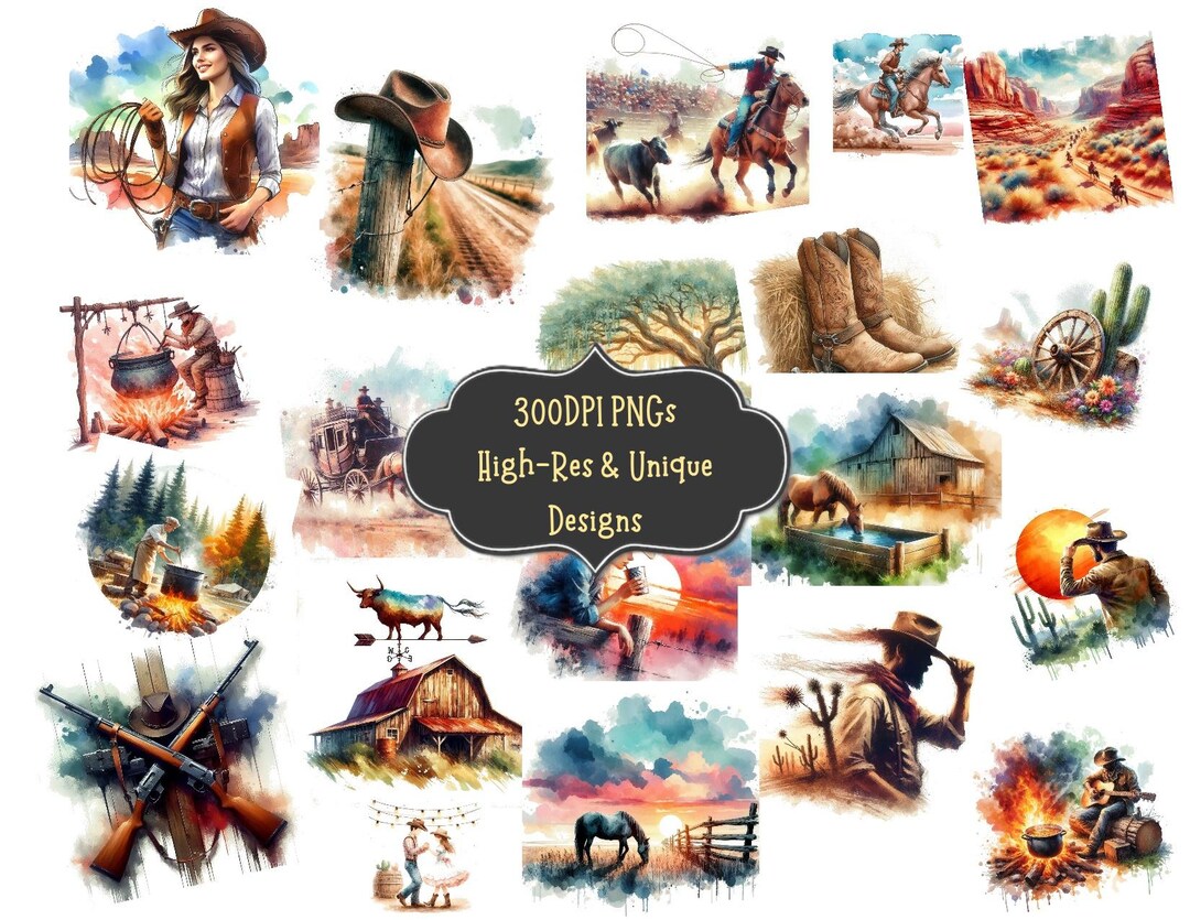 51 Western Watercolor Clipart PNG Bundle With Printable PNG Images for ...