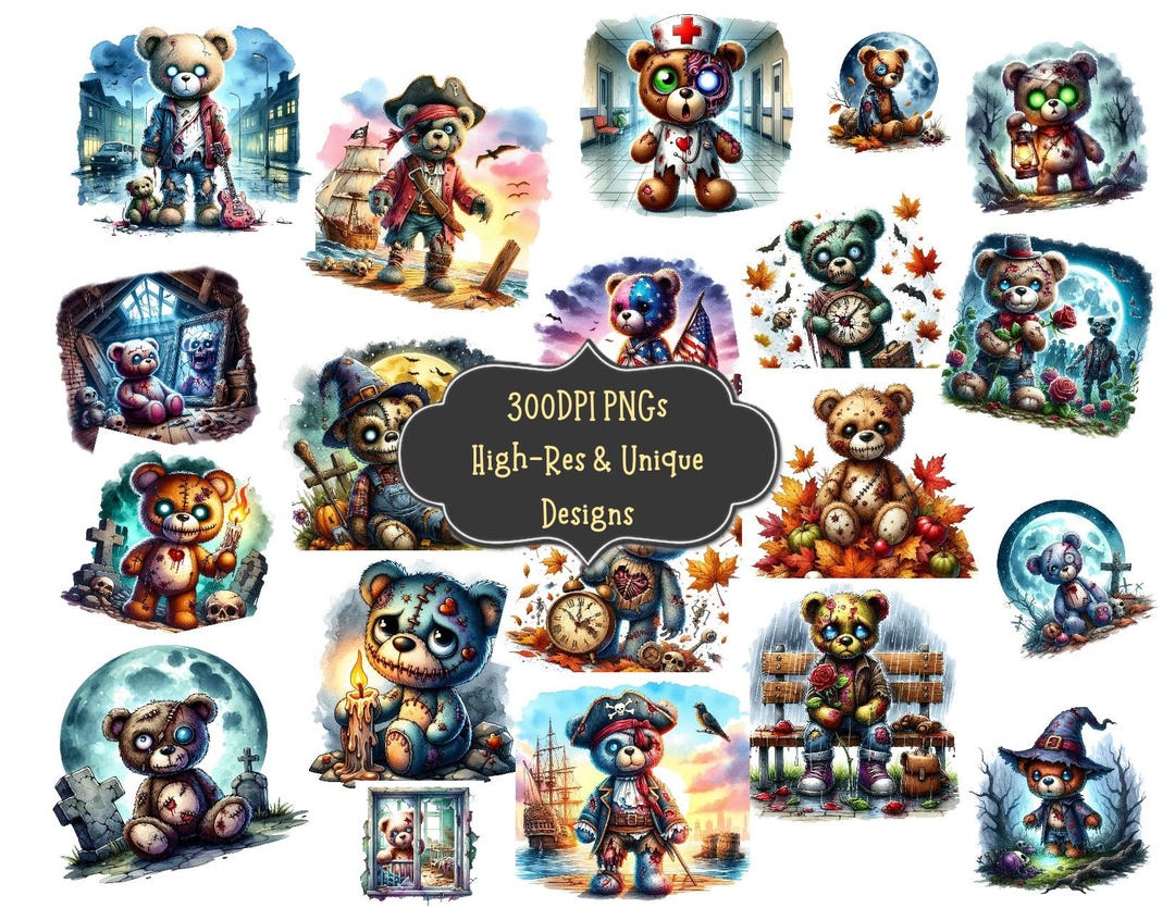 24 Zombie Teddy Bear Watercolor Clipart PNG Bundle: PNG Printable ...