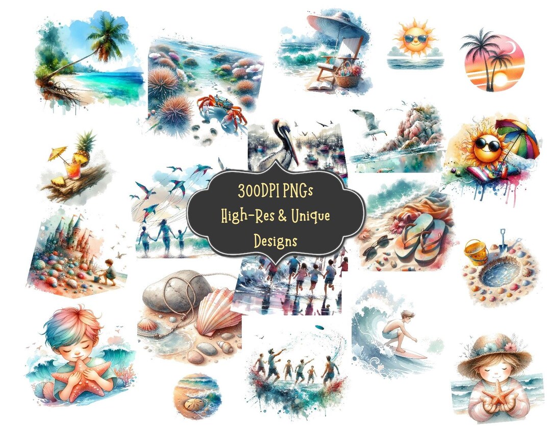 Watercolor Beach Clipart PNG Set: 51 Summer Graphics (digital Download ...