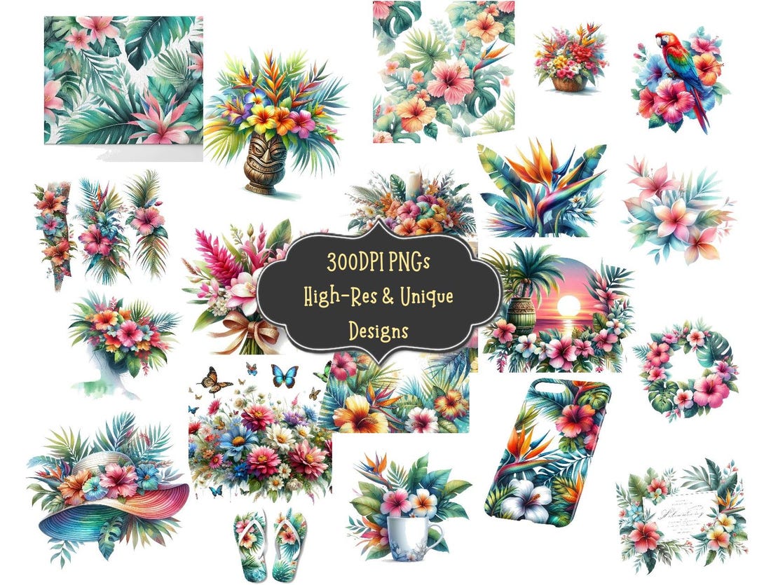 67 Tropical Flowers Watercolor Clipart PNG Bundle: Digital PNG ...
