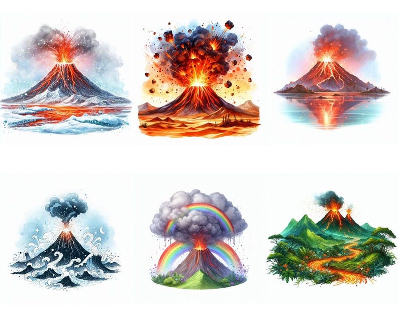 20 Erupting Volcano Watercolor Clipart PNG Images, Exploding Volcano ...