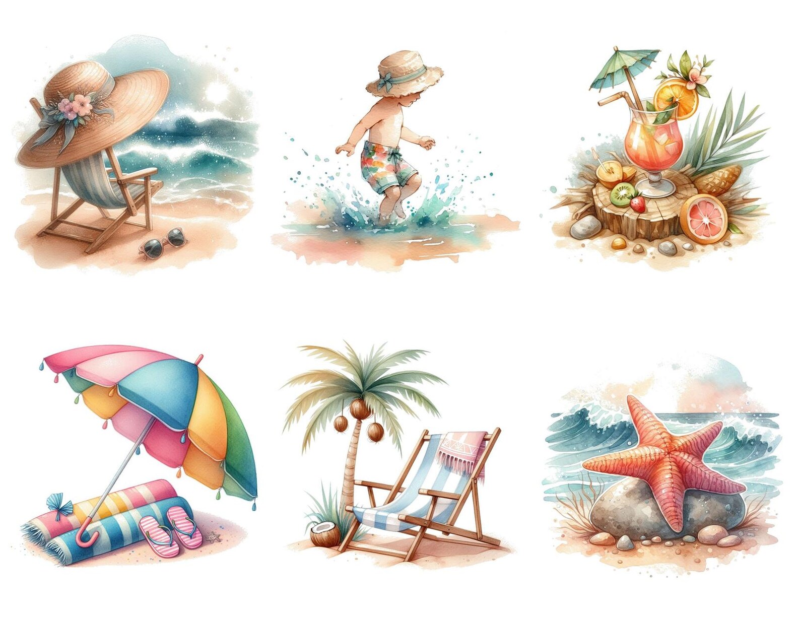 51 Summer Beach Watercolor Clipart PNG Bundle: Printable PNG Images for ...
