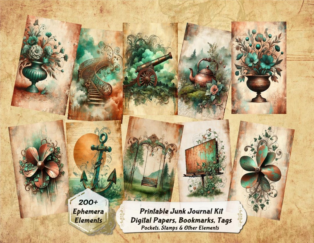 Copper Verdigris Rust Bloom Junk Journal Kit: 50 Flourish Digital ...