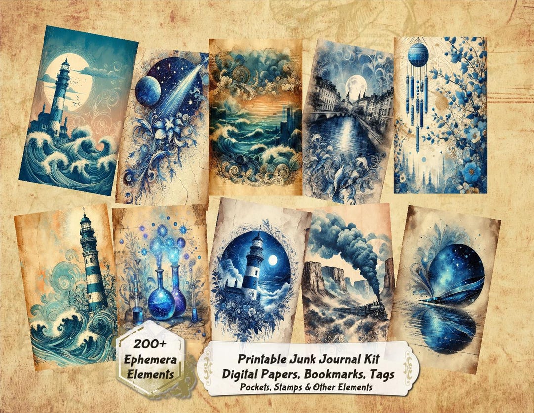 Blue Junk Journal Kit: 56 Vintage Digital Papers & Ephemera (digital ...