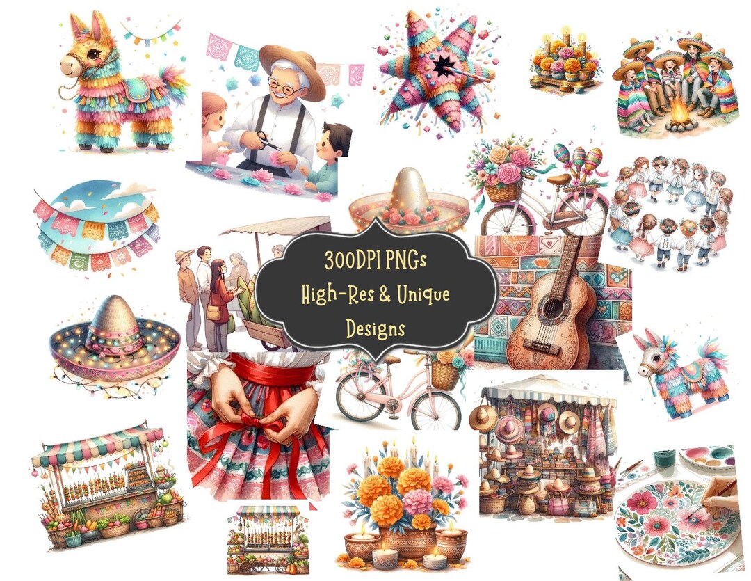 Watercolor Fiesta Clipart Bundle: PNG Graphics for Scrapbooking ...