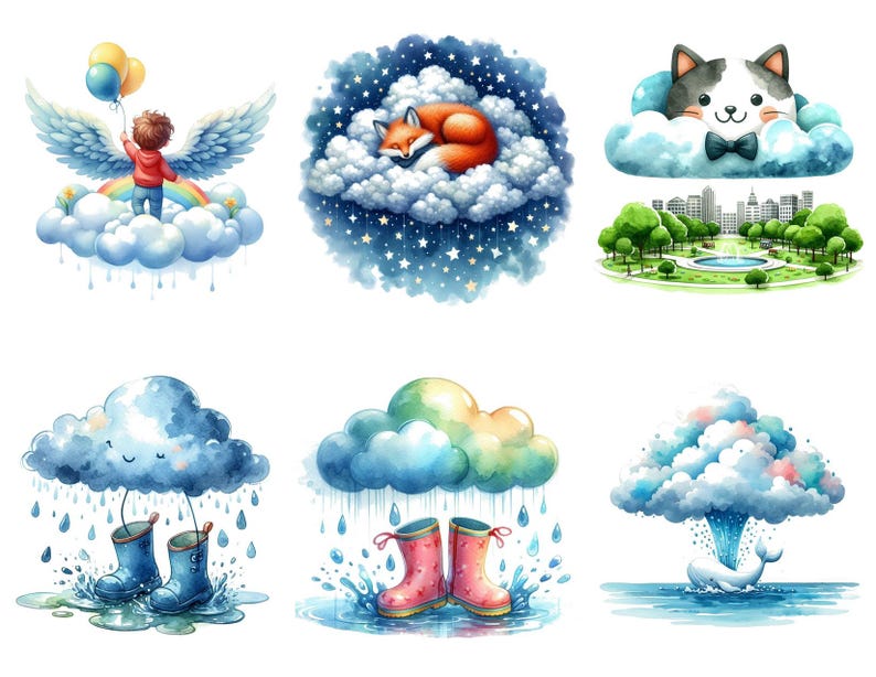 Watercolor Cloud Clipart PNG Bundle: Whimsical Digital Artwork (digital ...