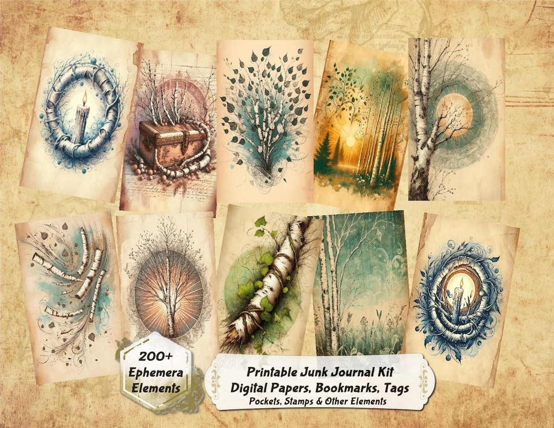 Birch Scribble Shadow Knot Bark Junk Journal Kit: 58 Wood Texture ...