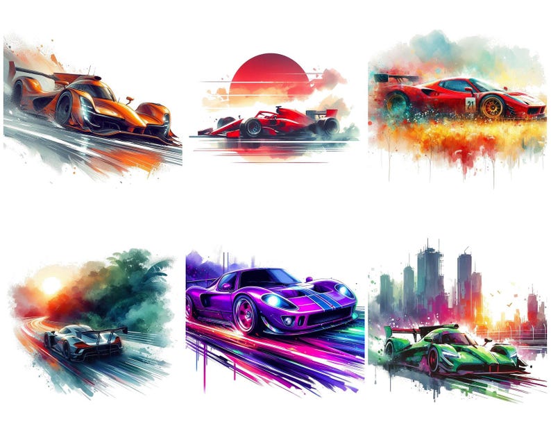Watercolor Race Cars Clipart: PNG Bundle for Invitations, Prints ...