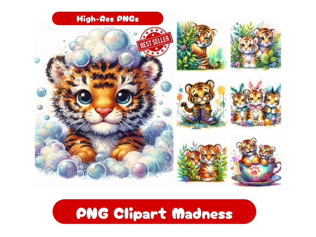 32 Cute Baby Tiger Clipart PNG Bundle, Tiger PNG Watercolor Tiger Cute ...