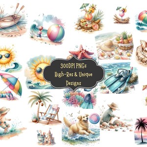 51 Summer Beach Watercolor Clipart PNG Bundle: Printable PNG Images for ...