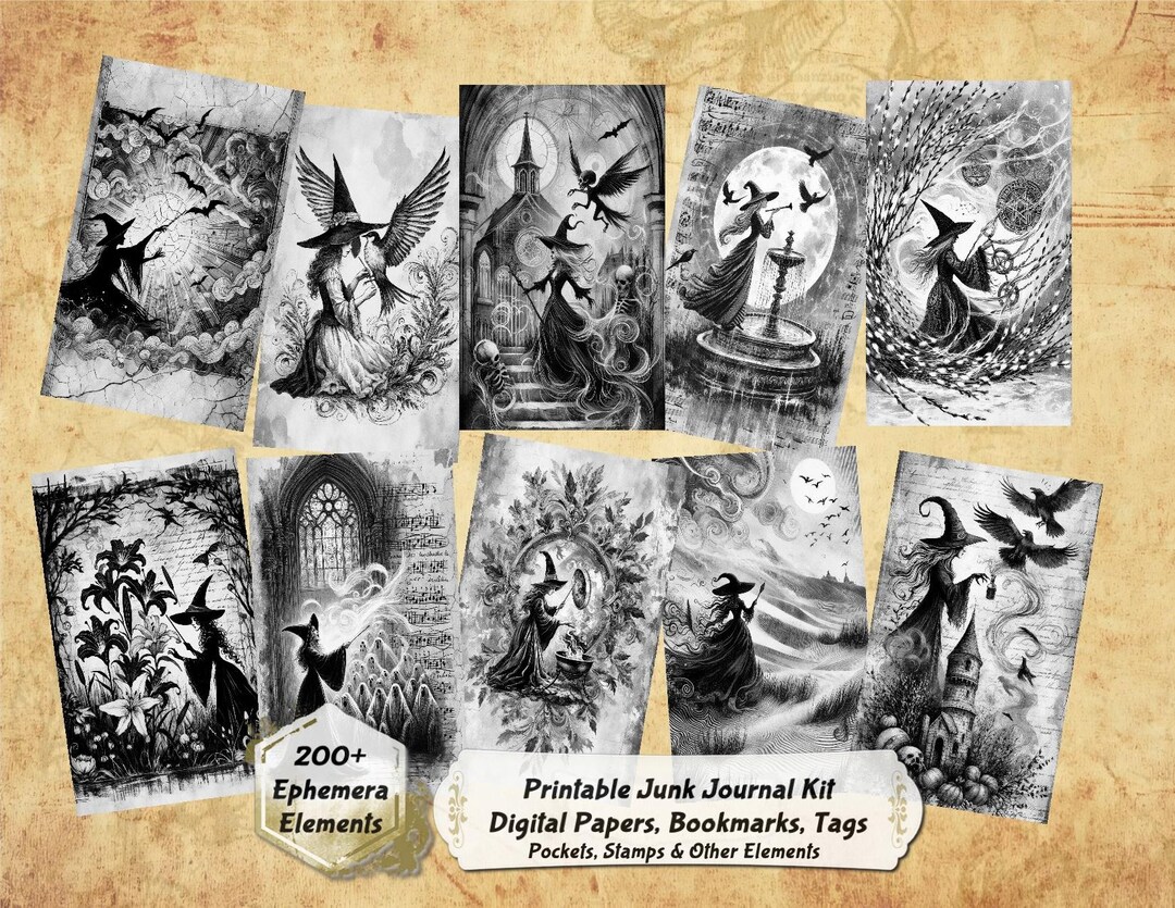 Kit para Diário de Sucata Bruxa em Preto e Branco: 60 Papéis Digitais e ...