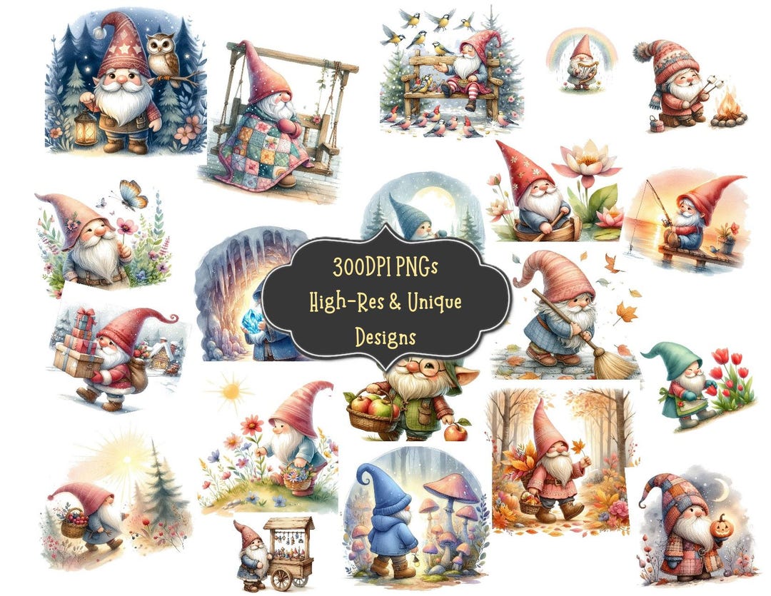 Watercolor Gnome Clipart Bundle: 67 PNG Digital Designs (digital ...
