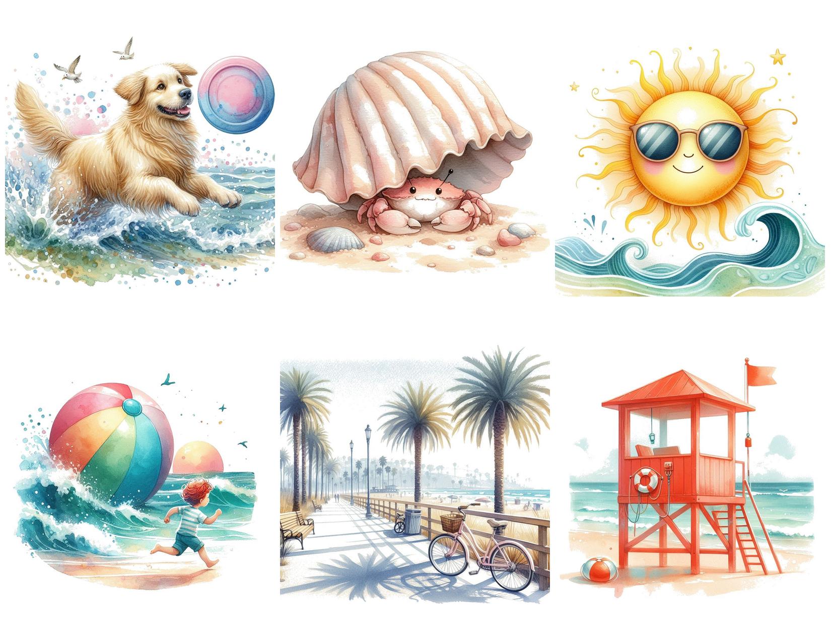 51 Summer Beach Watercolor Clipart PNG Bundle: Printable PNG Images for ...