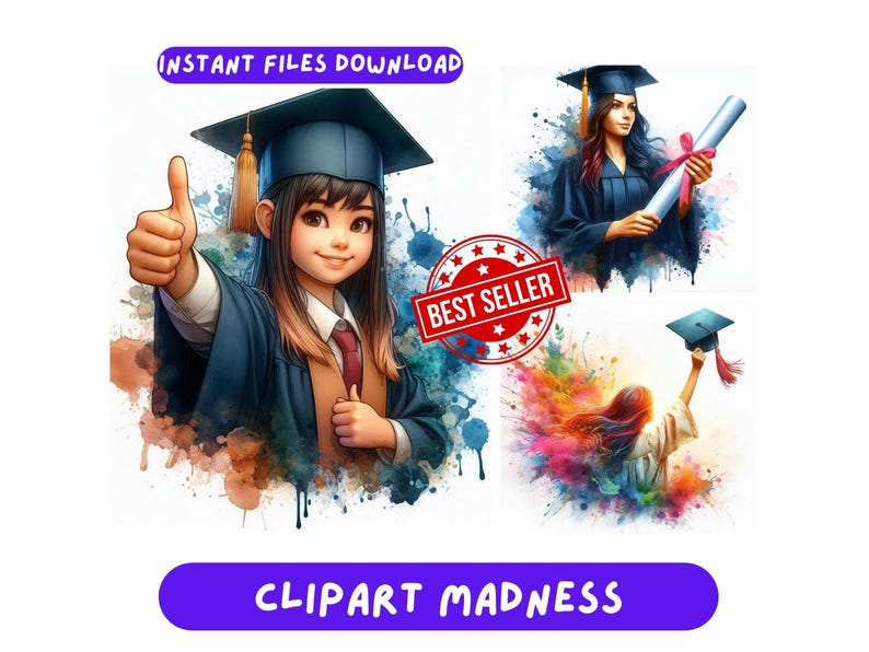 Graduation Girl Clipart PNG Bundle: Scrapbooking & Invitation Graphics ...