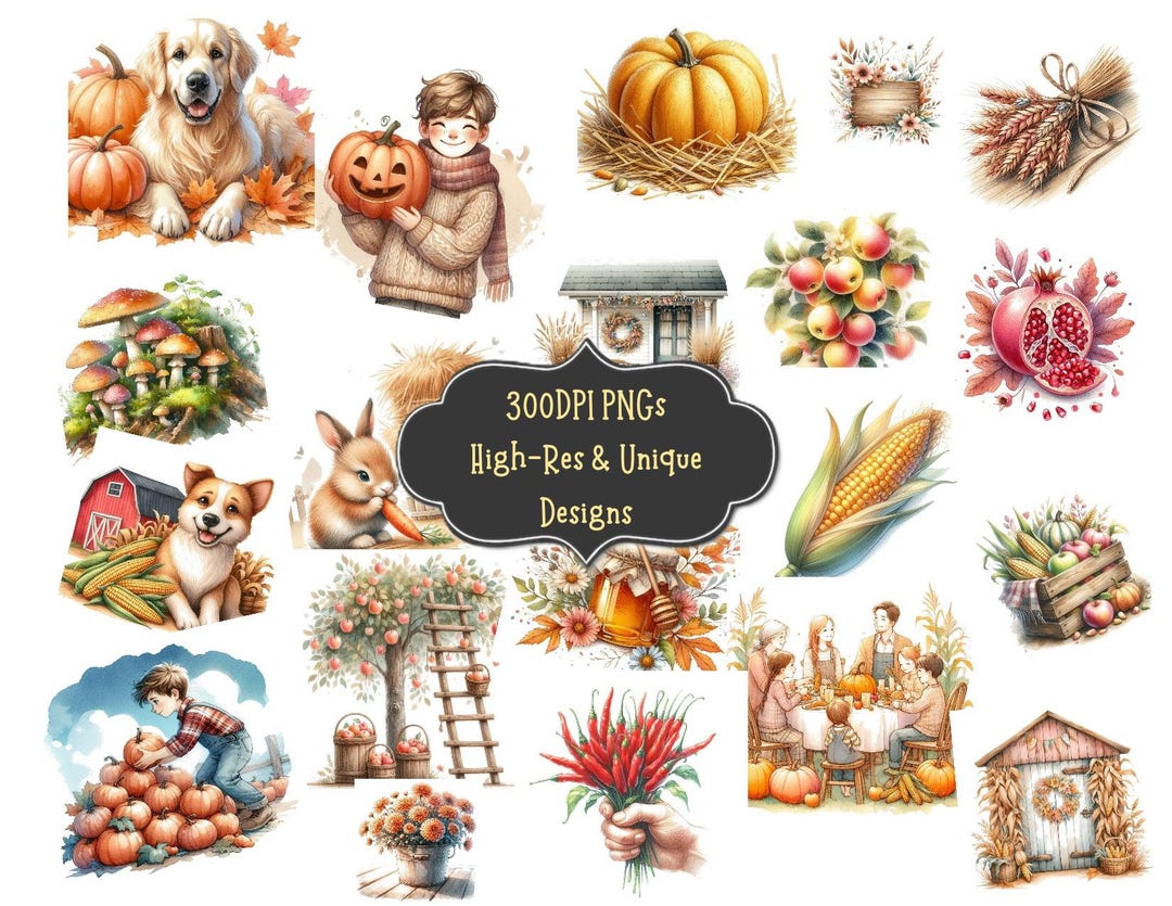 30 Autumn Harvest Watercolor Clipart PNG Bundle With PNG Creative ...