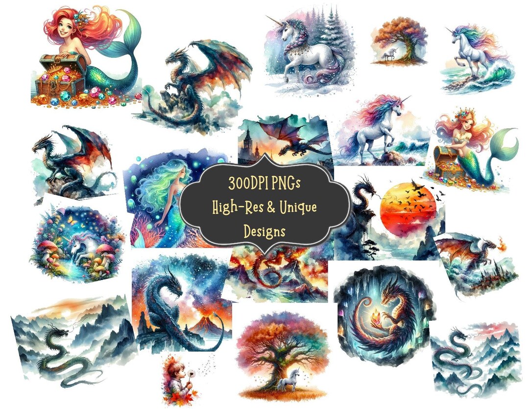 Watercolor Fantasy Clipart: Mythical Creatures PNG Bundle (digital ...