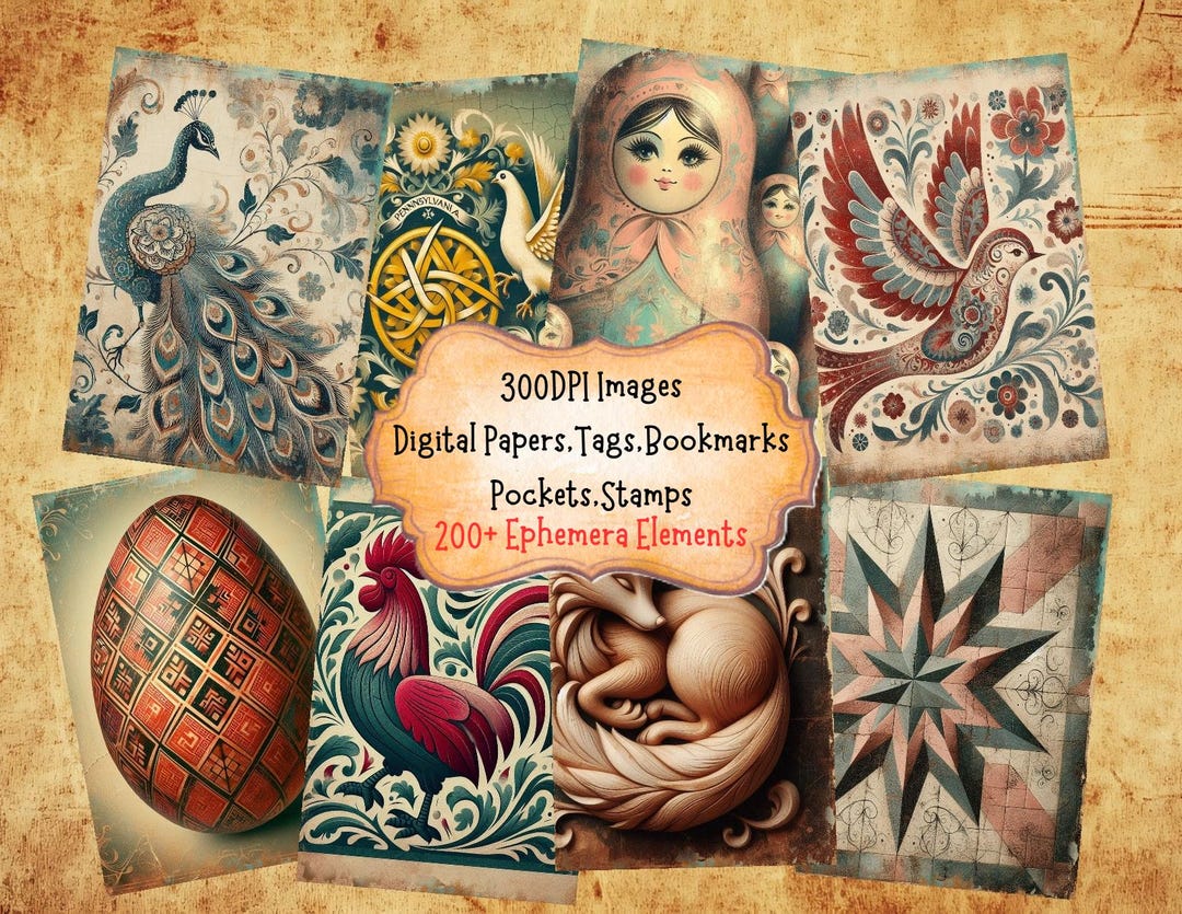 Folk Art Junk Journal Kit: Digital Papers Primitive Printable Ephemera ...