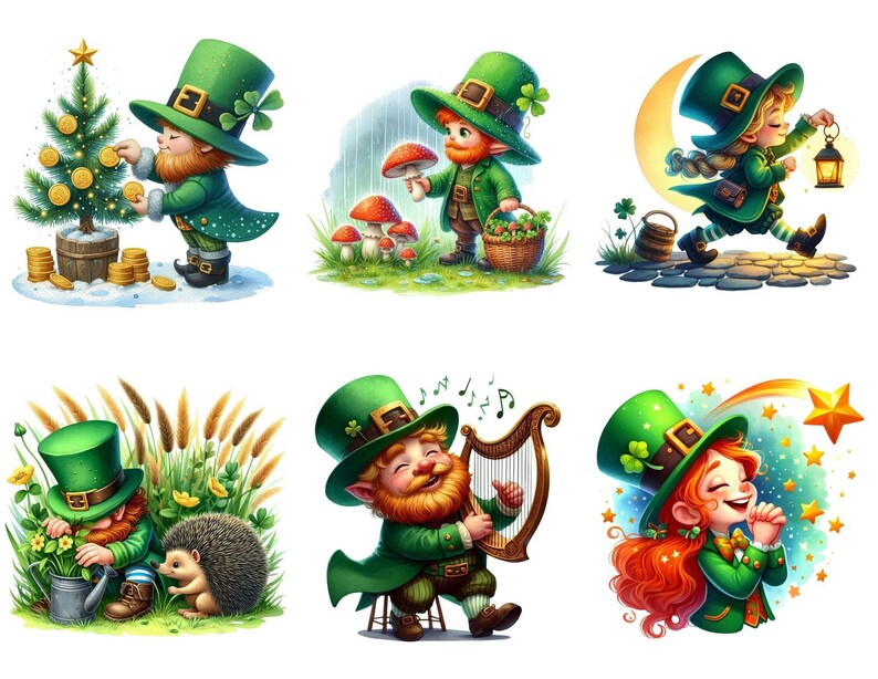 60 Cute Leprechaun Watercolor Clipart PNG Bundle: Printable PNG Clipart ...