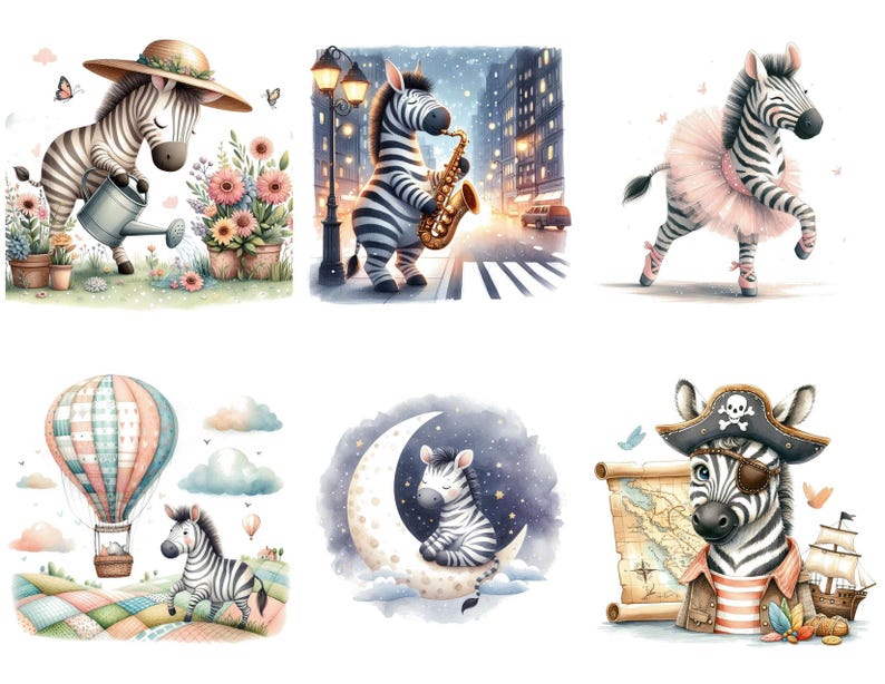 Quirky Zebra Watercolor Clipart Bundle: PNG Digital Files (digital ...