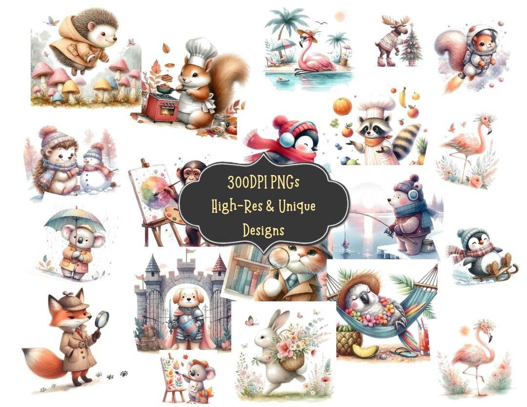 Goofy Animals Watercolor Clipart Bundle: Playful PNG Art (digital ...