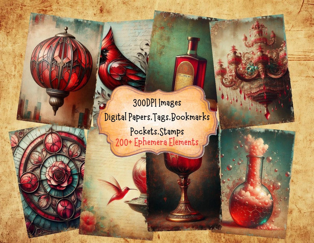 Red Glass Junk Journal Kit: Vintage Ephemera, Cards (digital Download ...