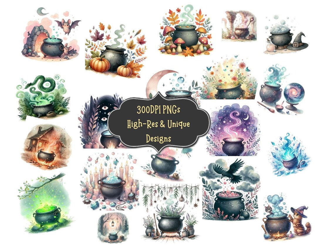 Watercolor Cauldron Clipart Bundle: Whimsical PNG Graphics (digital ...