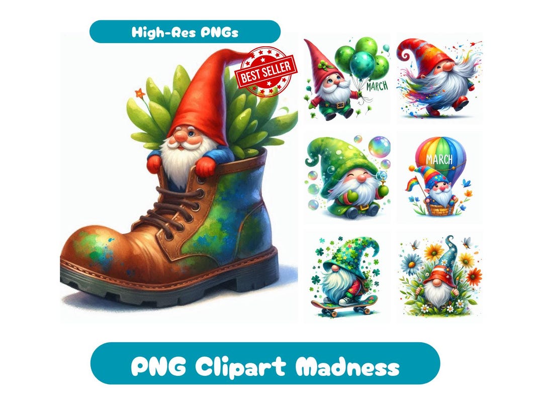 30 March Gnome Clipart PNG Set, Clipart Bundle Printable Gnome March ...