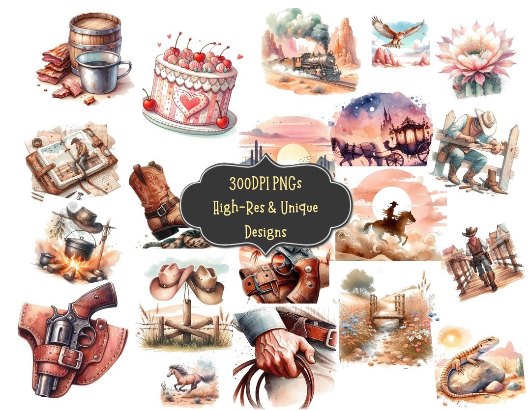 54 Retro Western Watercolor Clipart PNG Bundle With PNG Clipart for ...