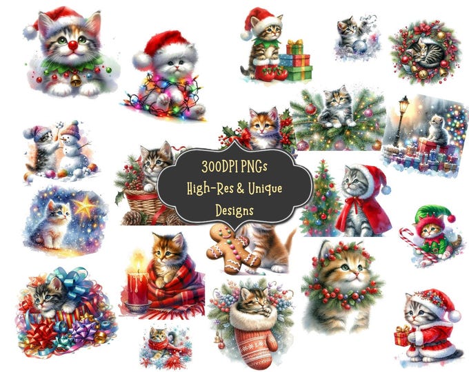 13 Christmas Kittens Clipart Watercolor Christmas Clip Art Holiday ...