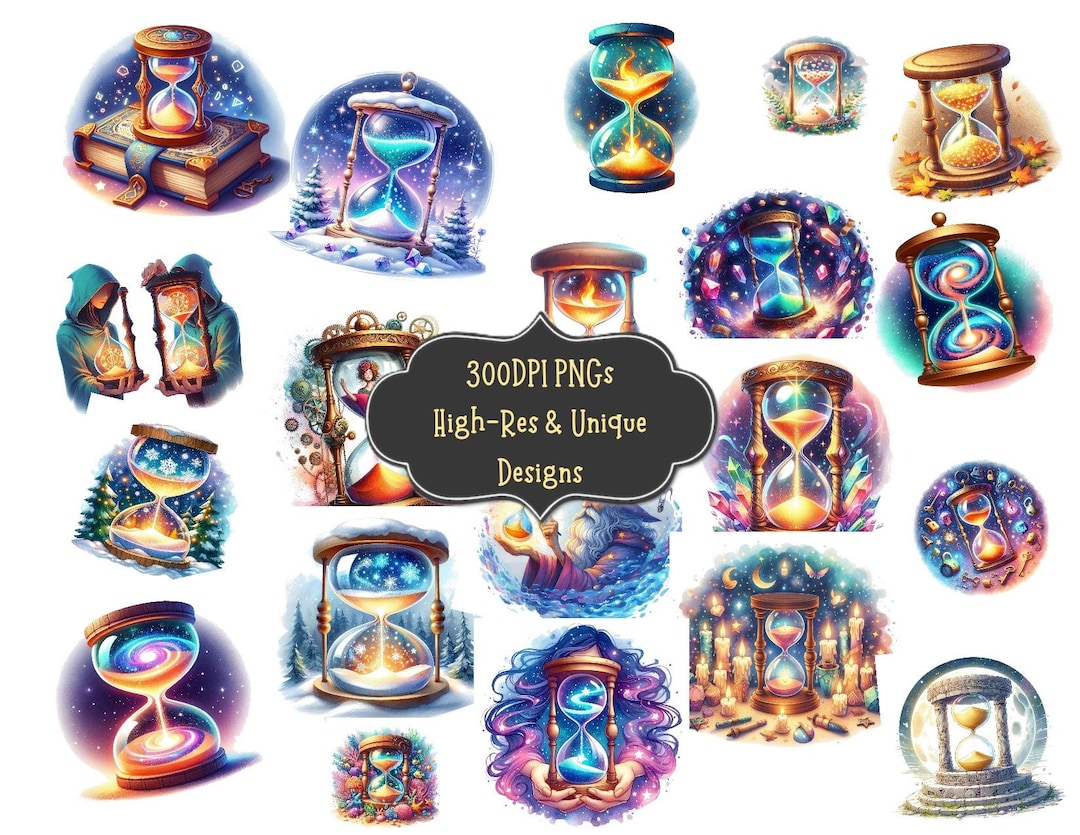 Magical Sand Timer Clipart PNG Bundle, Watercolor Timekeeper Graphics ...