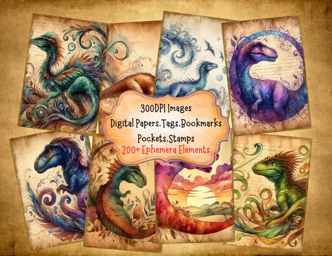 Watercolor Dinosaur Junk Journal Kit: Vintage Ephemera, Digital Paper ...