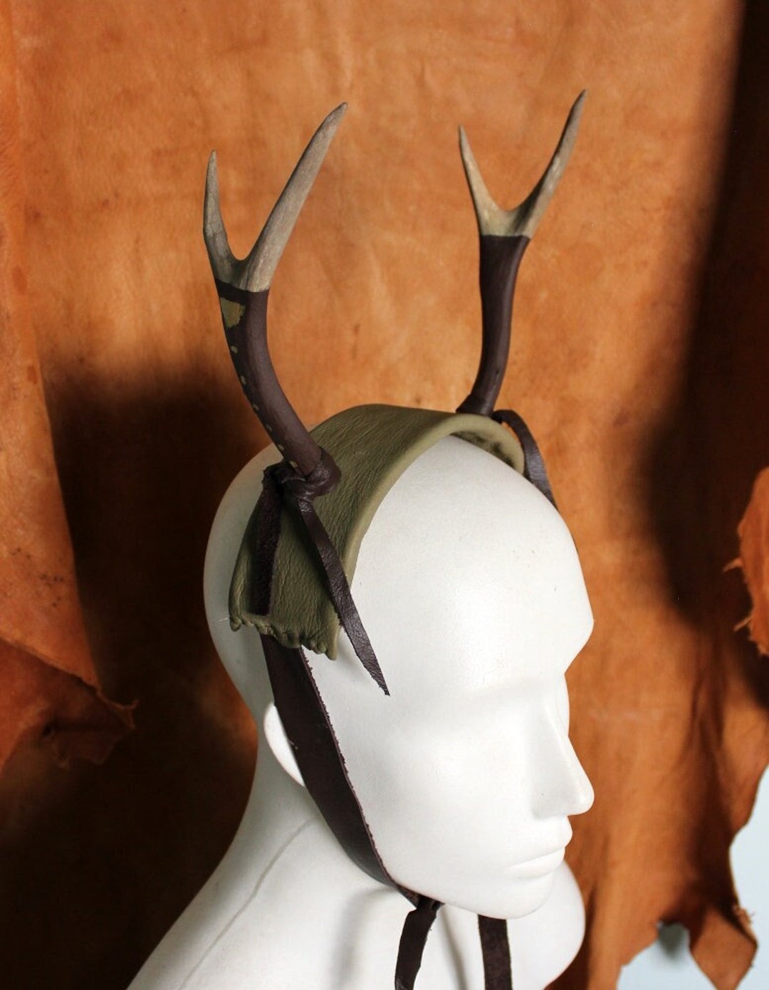 Real Deer Antler and Natural Deerskin Headdress Headband Stag Horned ...